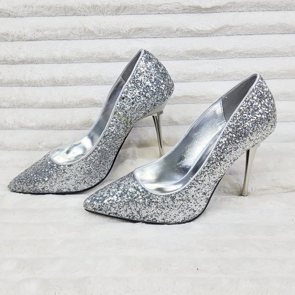 Pleaser | Shoes | Pleaser Amuse Silver Glitter Pumps Slim Metal ...